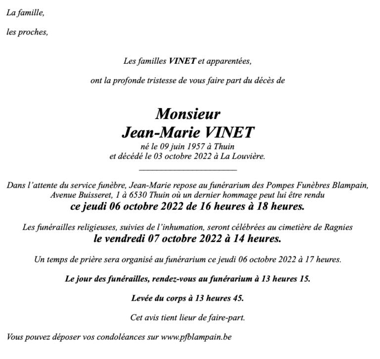 Monsieur Jean-Marie VINET | Pompes funèbres Blampain